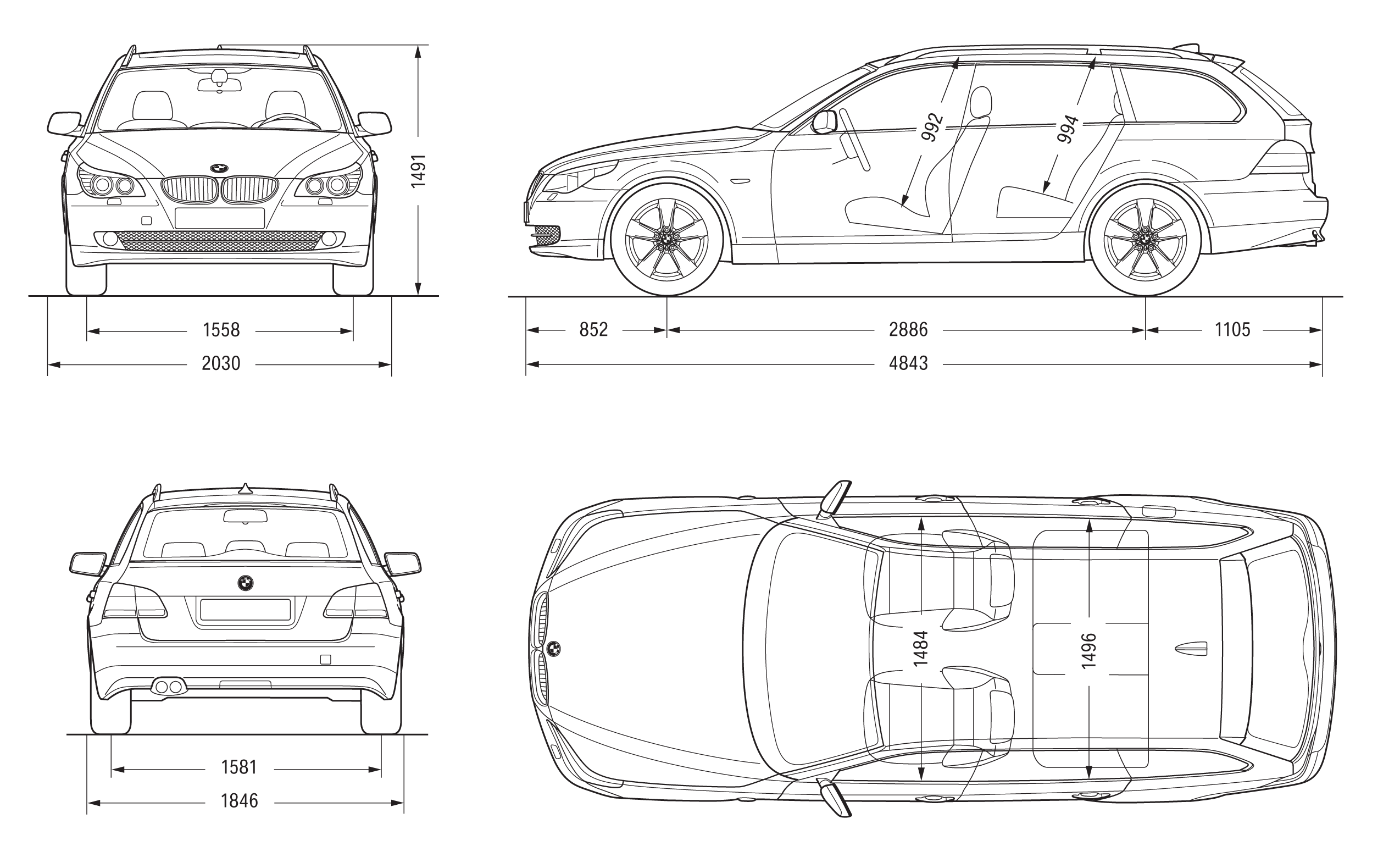 BMW 5 Series Sedan E60 Blueprints Vector Drawing 2003 Bmw 5 series